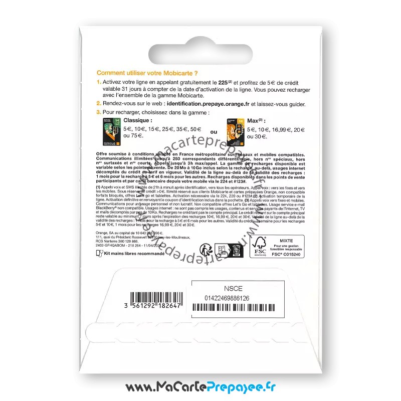 Carte SIM Prépayée Orange Mobicarte START