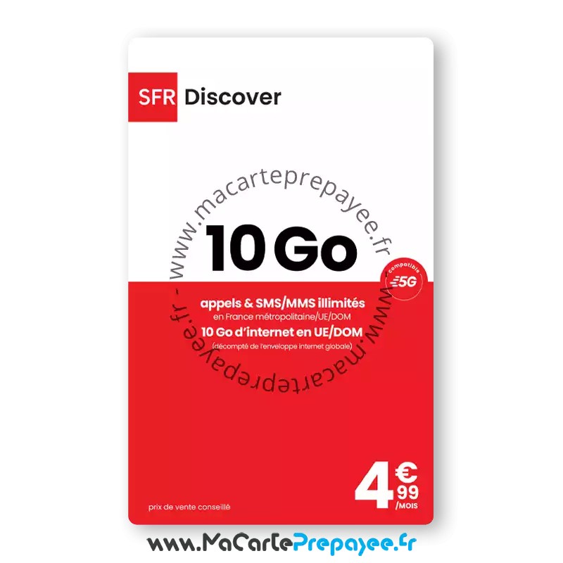 Recharge SFR Discover 5G | illimité + 10Go FR/UE/DOM