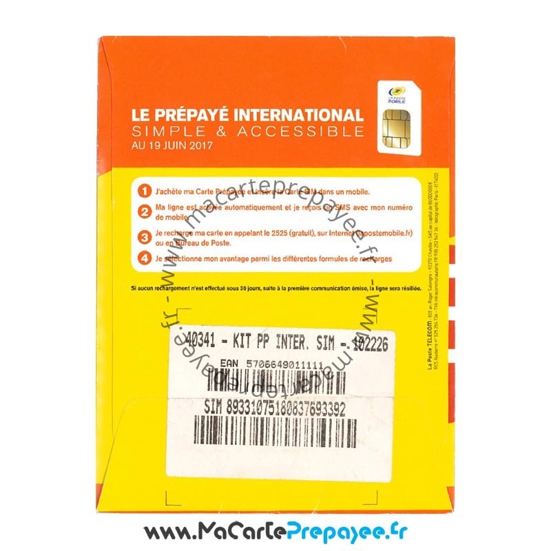 Carte SIM Prépayée LA POSTE MOBILE Internationale | 10€ crédit inclus