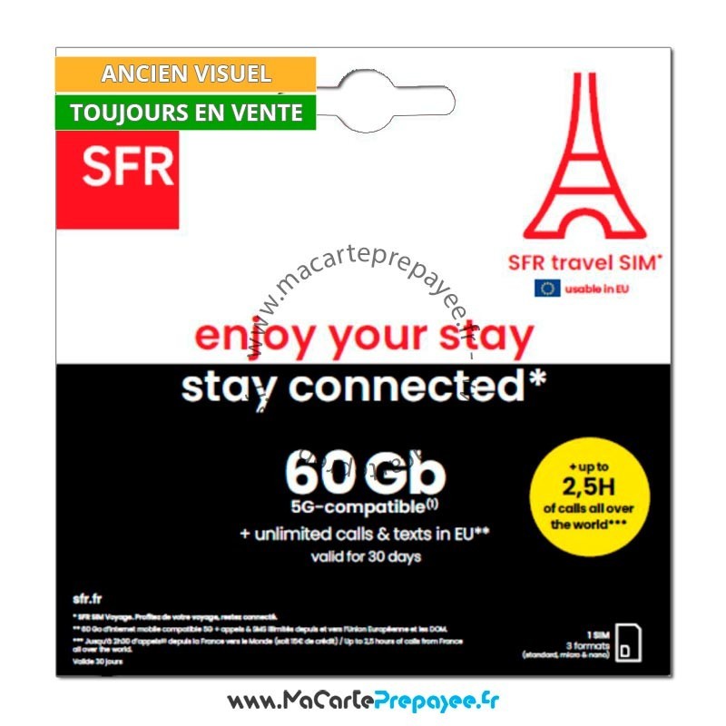 SFR European Travel SIM 5G | Illimité + 60Go FR/UE + 15€ Appels Monde