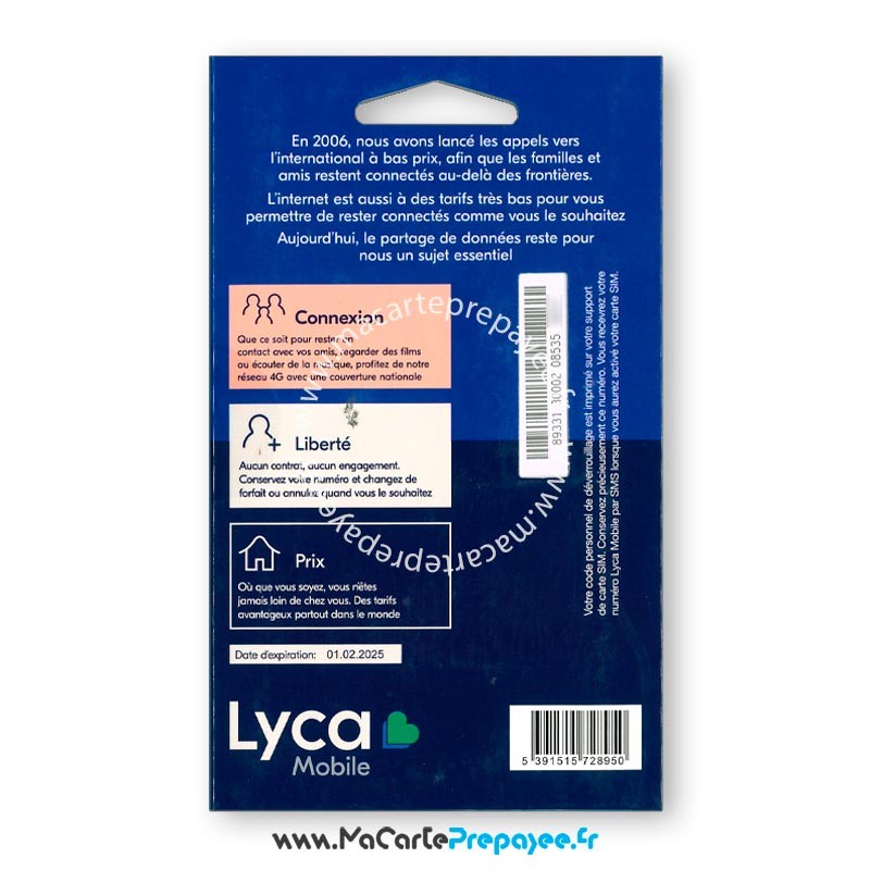 Carte SIM Prépayée LYCAMOBILE | 7.5€ crédit inclus