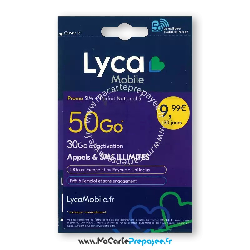 Carte SIM Prépayée LYCAMOBILE + Forfait National S 30Go / 50Go | 9,99€